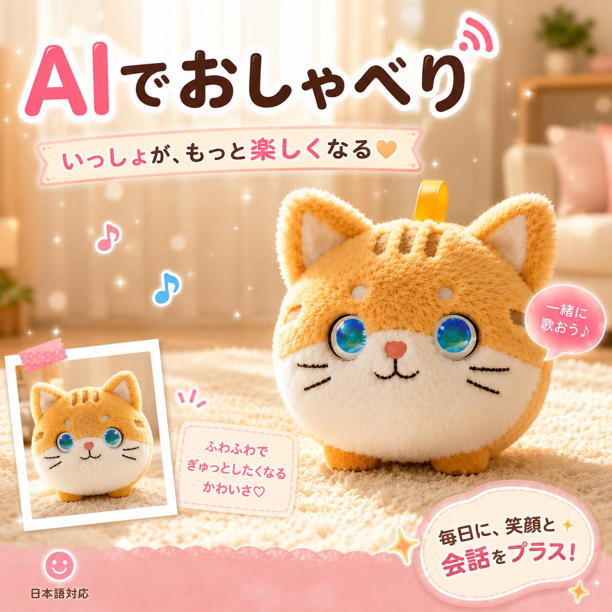 製品仕様 商品名：話せるAIにゃんこ（ChatGPT搭載） サイズ：【ミニ】12×10cm / 【ビッグ】35×26cm バッテリー／充電：1200mAh大容量バッテリー / USB Type-C充電 対応言語／アプリ：66カ国語 / Tu...