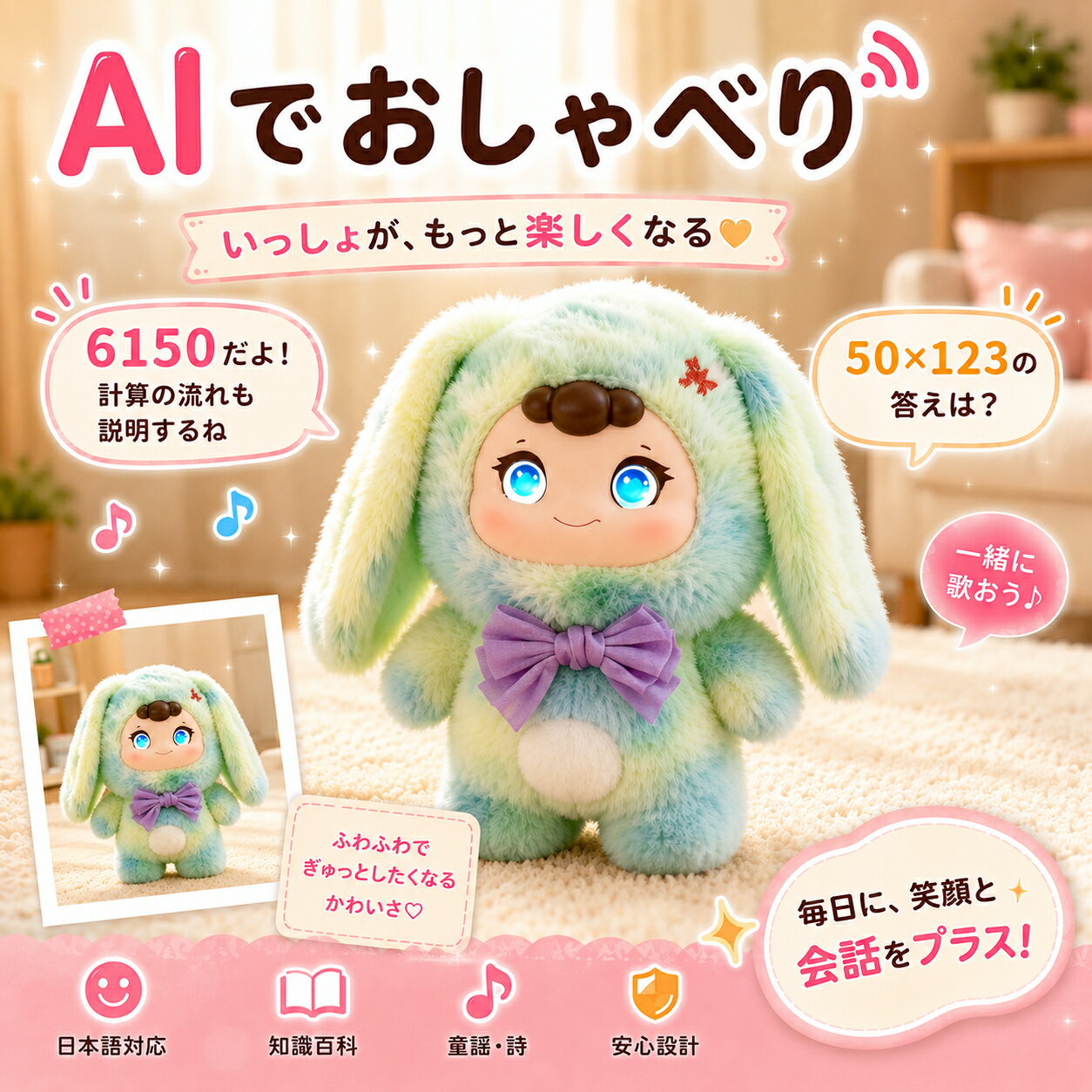 製品仕様 商品名：話せるAIにゃんこ（ChatGPT搭載） サイズ：【ミニ】12×10cm / 【ビッグ】35×26cm バッテリー／充電：1200mAh大容量バッテリー / USB Type-C充電 対応言語／アプリ：66カ国語 / Tu...
