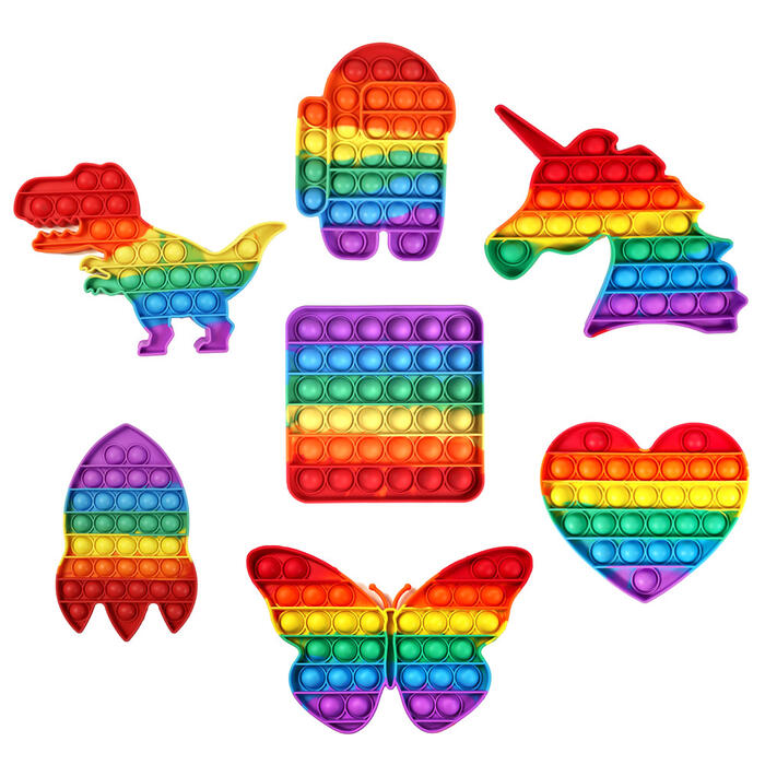 商品名 ： プッシュポップ 7種セット（四角形 ハート 宇宙人 恐竜 ユニコーン ロケット チョウチョ）サイズ ： 画像イメージご参照、約 12cm?15cm × 12cm?20m材質 ： シリコン【 押すだけ！ストレス解消グッズ プッシュ...