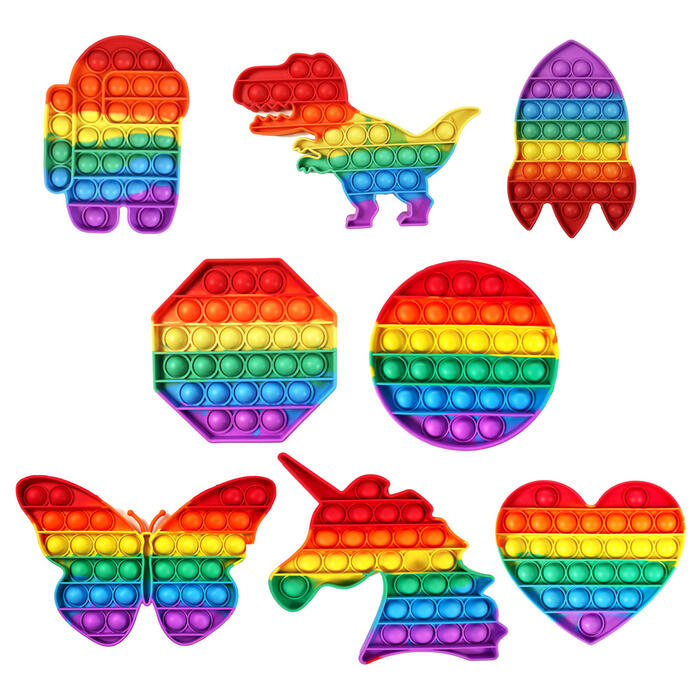 商品名 ： プッシュポップ 8種セット（丸形 八角形 ハート 宇宙人 恐竜 ユニコーン ロケット チョウチョ）サイズ ： 画像イメージご参照、約 12cm?15cm × 12cm?20m材質 ： シリコン【 押すだけ！ストレス解消グッズ プ...