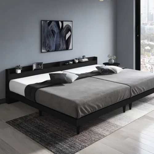 お客様の注目キーワードはこちら！[ベッド セミシングル シングル セミダブル ダブル クイーン] すのこベッド 棚付き コンセント付き シンプル 頑丈便利な棚と2口コンセントが付いた、スタイリッシュなデザインのすのこベッドです。2台セット商...