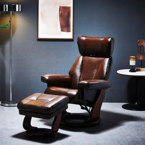 お客様の注目キーワードはこちら！上質空間で過ごす 本革仕様 オットマン付き多機能チェア ココアブラウンレトロモダンで落ち着いた色合いが魅力的な多機能チェアです。素材には本革とPVCを使用し、贅沢な光沢が空間に豊かな高級感をもたらします。また...