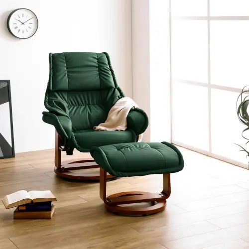 お客様の注目キーワードはこちら！ヘッドレスト高さ調節可能 オットマン付きリクライニングチェア ダークグリーン深い森の静寂を思わせる、グリーンカラーが印象的なリクライニングチェアです。その色合いは、空間に落ち着きと温かみを与え、お部屋全体に奥...
