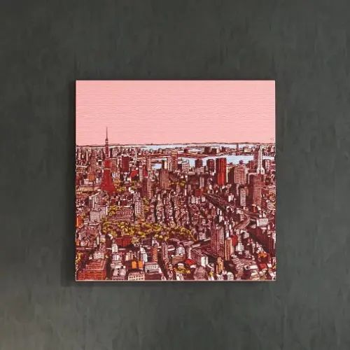 お客様の注目キーワードはこちら！[30×30]エモい雰囲気漂う 東京の夕暮れをスケッチしたファブリックパネルどこか懐かしい雰囲気漂う夕暮れがデザインされたファブリックパネルです。サーモンピンクの空に上空から見る東京のビル群が、落ち着く雰囲気...