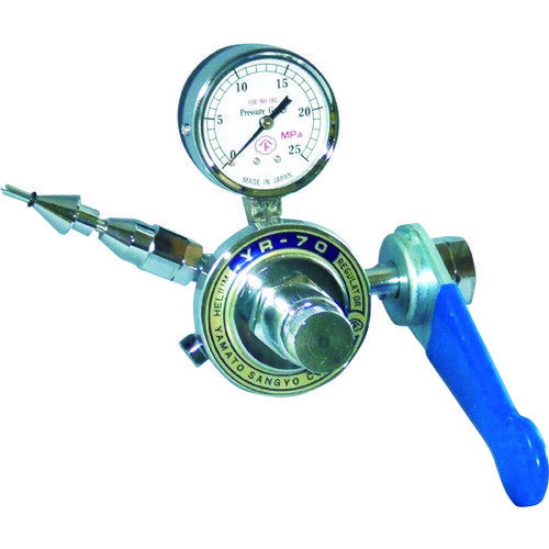 調整器 ガス調整器 ヤマト産業 風船用圧力調整器 YR70PP-22-13 ヘリウムガス用です。風船専用プッシュバルブ付です。圧力設定式です。 1次側使用圧力：2〜15MPa 2次側使用圧力：0.5±0.1MPa 入口接続：W21−14山(...