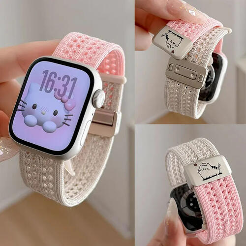 Apple Watch バンド アップルウォッチ ナイロン バイカラー 刻印 猫 時計 腕時計 レディース スマート マット ストラップ Android かわいい レトロ Y2K 夏 スポーツ 韓国 防水 ピンク 水色 SE ultra 第...