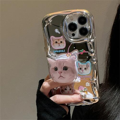 iPhone ケース カバー 韓国 メタリック シルバー 猫 アニマル 海外 おもしろ ウェーブ なみなみ 耐衝撃 カメラ保護 おしゃれ リング付き 立体 落下防止 グリップ スマホ 写真 キラキラ 動物 おもしろ レトロ Y2K キャラク...