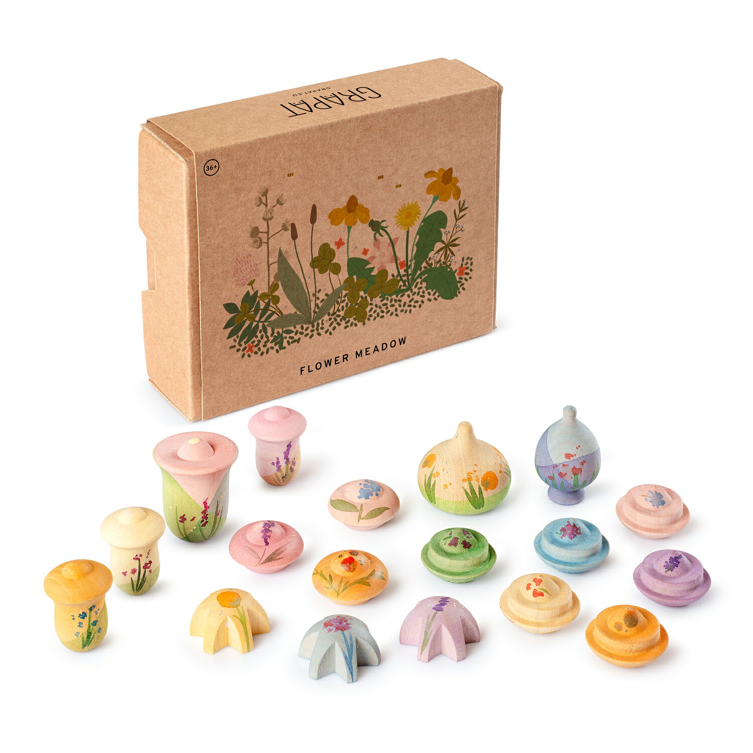 商品情報対象年齢3歳以上パーツ18ピースサイズ17mm～45mm材質木製染料：水性で非毒性。ヨーロッパの厳しい安全規則に従ったもので、仕上げは植物由来の亜麻仁油を使用。パッケージ箱サイズ19×14.5✕5.5cm製造GRAPAT グラパット...