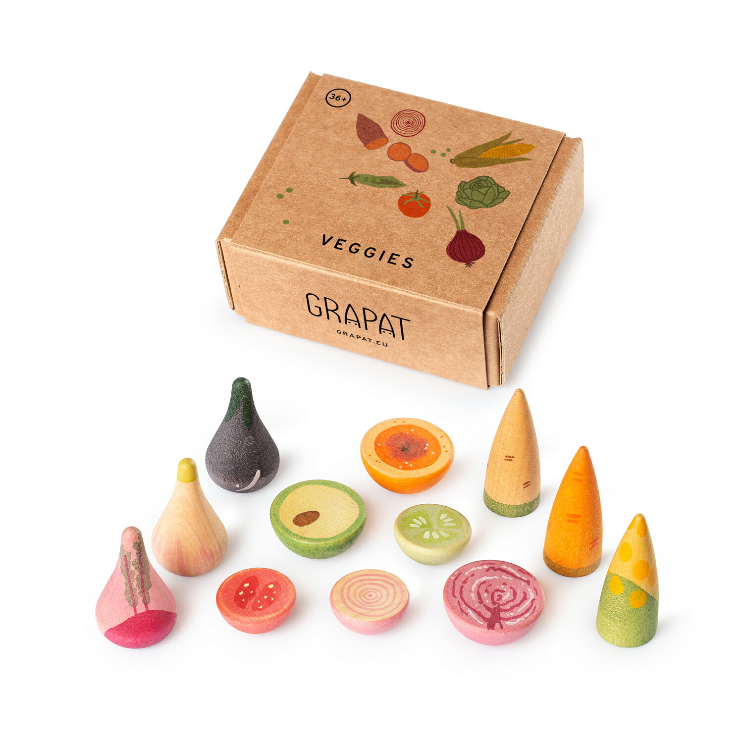 商品情報対象年齢3歳以上パーツ12ピースサイズ12mm～40mm材質木製染料：水性で非毒性。ヨーロッパの厳しい安全規則に従ったもので、仕上げは植物由来の亜麻仁油を使用。パッケージ箱サイズ9.8×8✕4.5cm製造GRAPAT グラパットスペ...