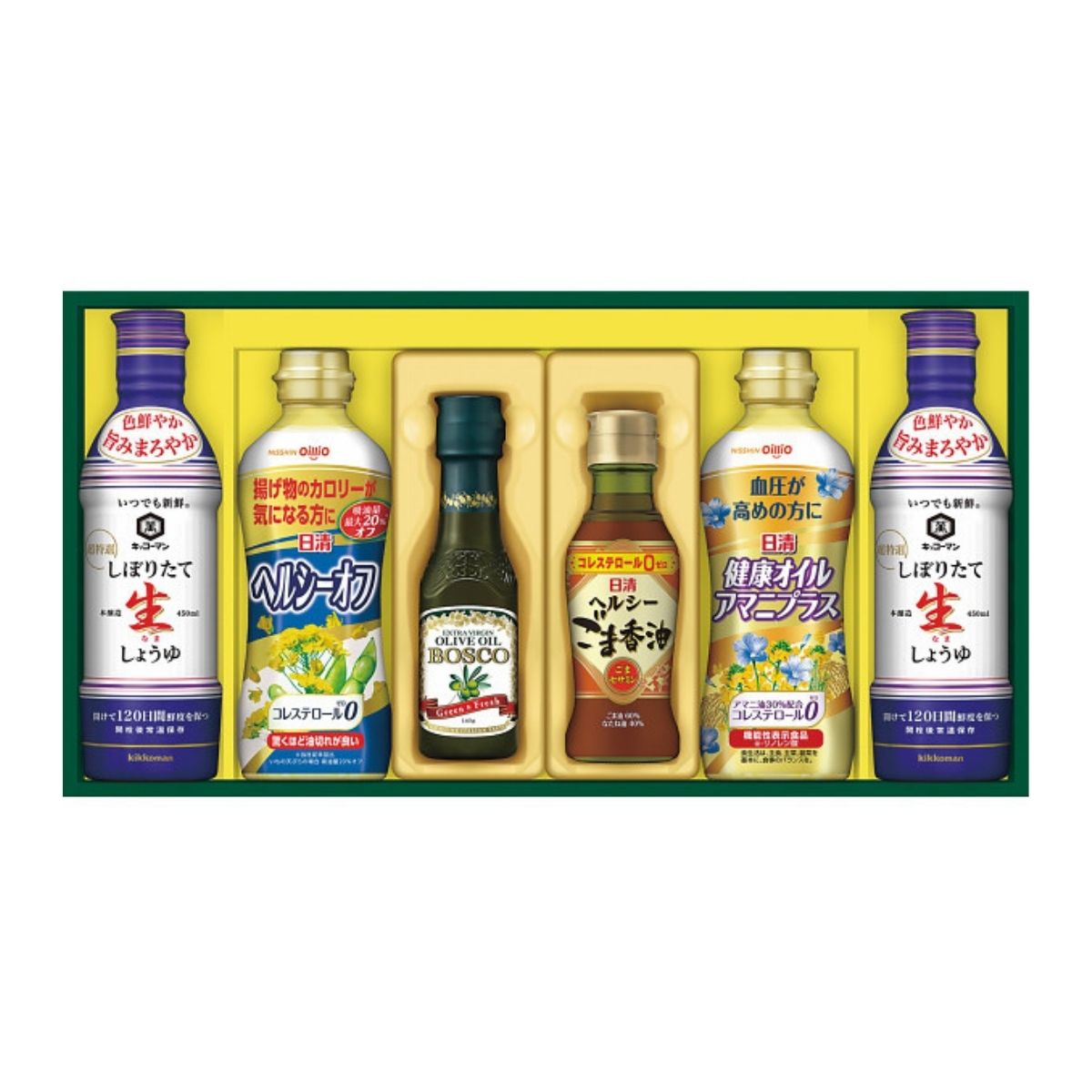 BOSCOオリーブオイル、日清ヘルシーオフ、日清健康オイルアマニプラスに、キッコーマン「いつでも新鮮」シリーズの生しょうゆを詰め合わせたギフト。 〇商品内容：日清ヘルシーオフ・日清健康オイルアマニプラス各350g、ボスコエキストラバージンオ...