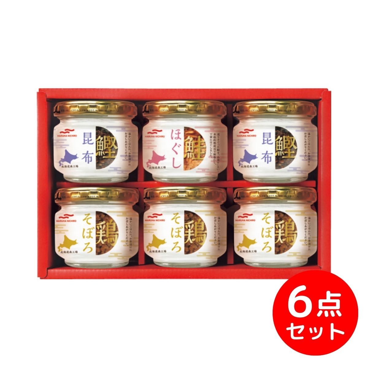 「さけ」、「鶏」、「鰹昆布」の3種類の瓶詰を詰め合わせた瓶詰のバラエティセットです。 〇商品内容：鮭ほぐし45g×1、鶏そぼろ45g×3、鰹昆布45g×2〇箱サイズ：152×235×75mm〇8大アレルゲン：小麦〇発送温度帯：常温〇賞味期限...