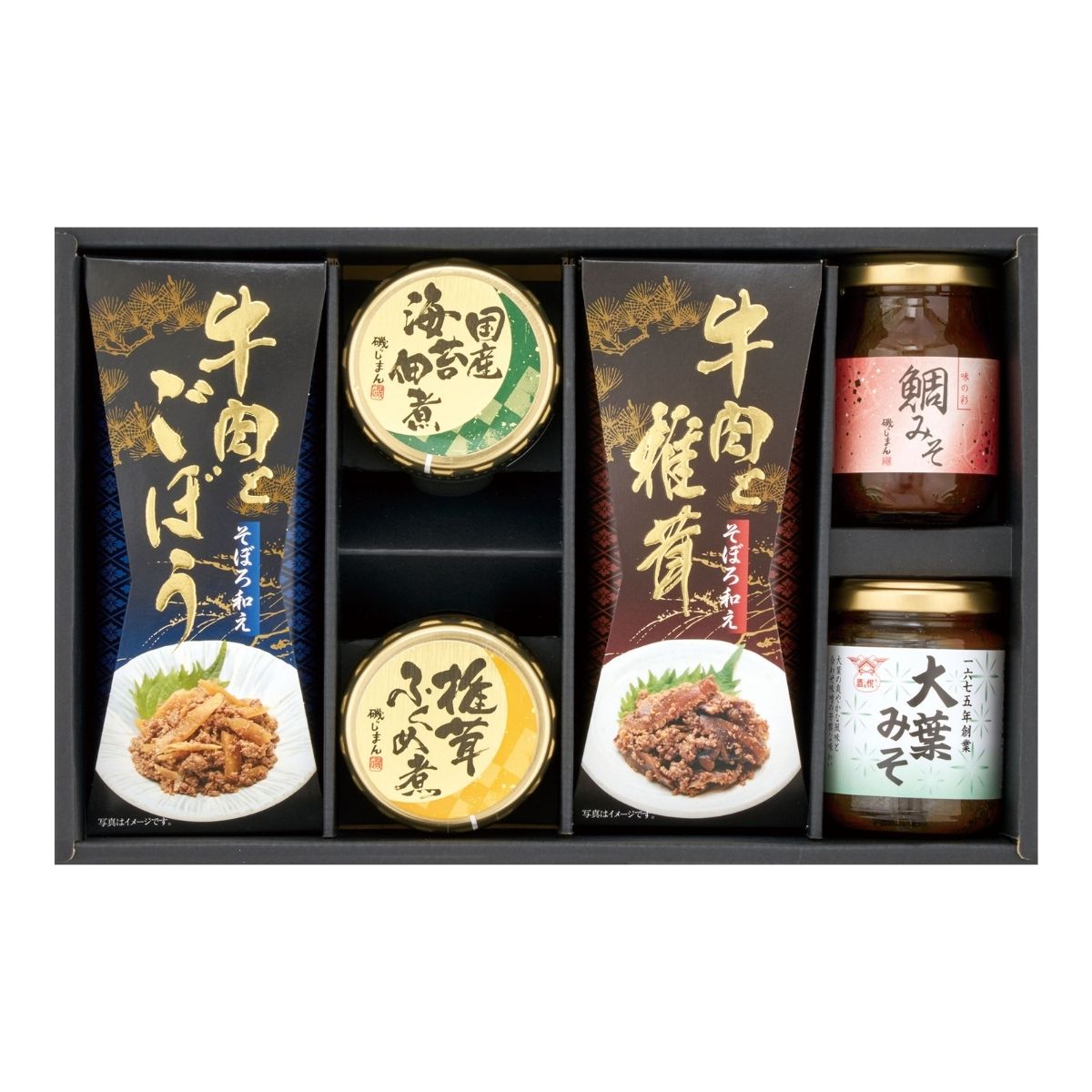 ごはんに合う味わいを手軽に楽しめる和のおかずセット。 〇商品内容：牛肉とごぼうのそぼろ和え55g、牛肉と椎茸のそぼろ和え55g、磯じまん(海苔佃煮90g・椎茸ふくめ煮85g・鯛みそ100g)、酒悦大葉みそ115g〇箱サイズ：303×193×...