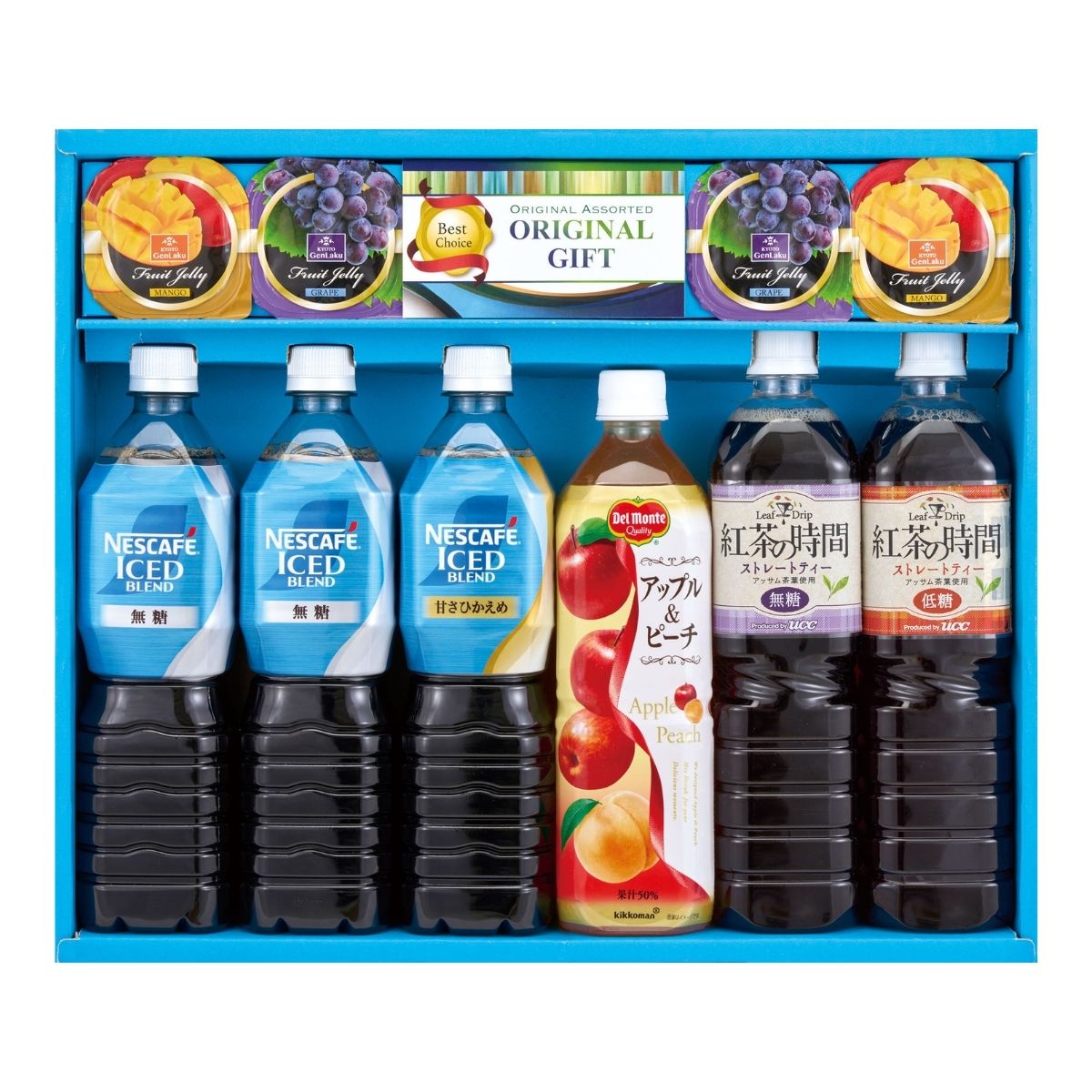 無糖と低糖のすっきり系ドリンクと、フルーツゼリーを組み合わせた夏のギフト。 〇商品内容：ネスカフェアイスブレンド(無糖×2・甘さひかえめ)各900ml、デルモンテアップル&ピーチ920g、UCC紅茶の時間ストレートティー(無糖・低糖)各90...