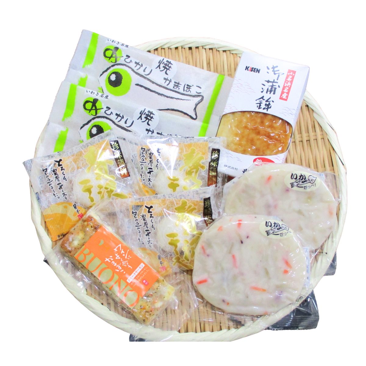 かまぼこの身に「めひかり」を練り込み魚の形にして両面を軽く焼いためひかり焼かまぼこ、いかを練り込んだかまぼこの身に野菜を混ぜてソフトな食感に仕上げた白蒸しかまぼこいか、チーズをたっぷり練り込んだかまぼこの身に「スモークサーモン」を練り込んだ...