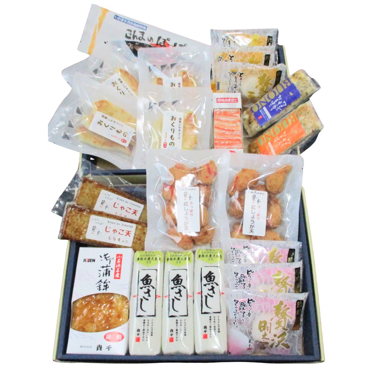 かまぼこの身にはもを使用し両面を香ばしく焼いた錦焼、澱粉を使用していないので魚本来のうま味・食感を堪能できる魚さし、ソフトなかまぼこ生地の中に「明太マヨ・チーズ」を包み込んだ一口サイズの珍味蒲鉾贅沢明太マヨ・チーズ、かまぼこの身にしらすと細...