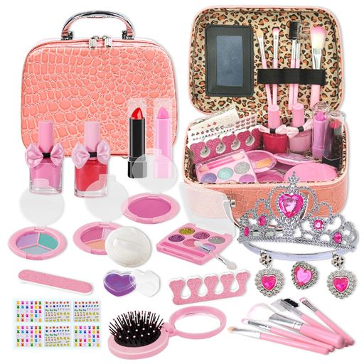 【31PCS・セット内容】この子供用メイクアップセットには、王冠、リング、イヤリング、つめやすり、足指サポーター、マニキュア、口紅、コーム、化粧ブラシ、ステッカー、アイシャドウ、チークが含まれています。この子供用メイクアップセットを使用する...