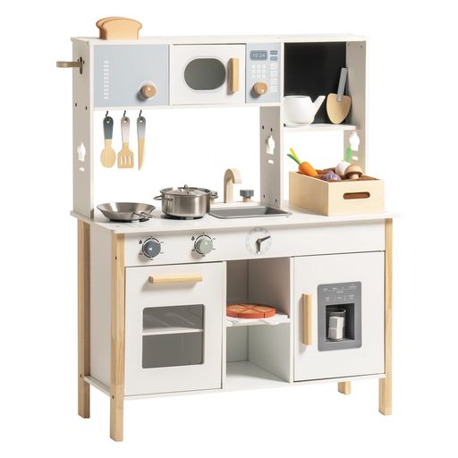 遊びの幅が広がる本格ままごとキッチン:コンロ・オーブン・製氷機・トースター付き。黒板で今日のメニューを決め、蛇口で野菜を洗い、包丁で切り、フライパンで炒めるなど、リアルな調理遊びが楽しめます。植木箱で野菜を育てたり、ピザ窯でピザを焼いたり、...