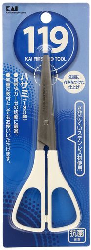 原産国:日本 商品サイズ(幅X奥行X高さ):65x180x7 材質:刃部/ステンレス刃物鋼・ハンドル/ABS樹脂(抗菌剤含有) 包帯、ガ-ゼ、脱脂綿などの切断に適したハサミ