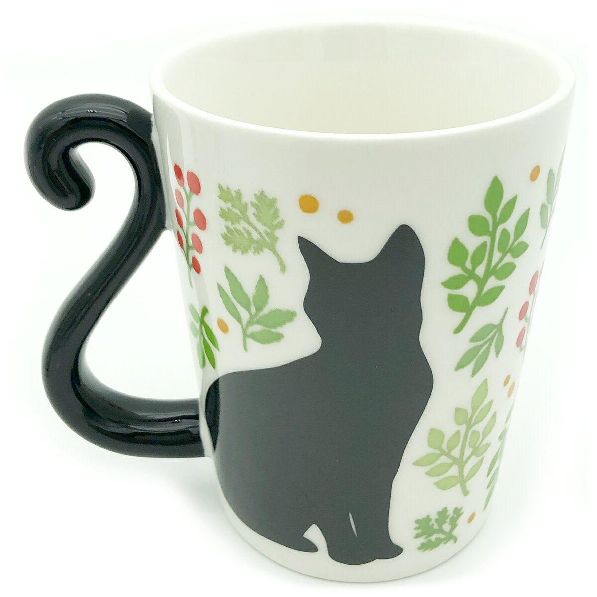 しっぽが取っ手になったツインマグシリーズ。ナチュラルなボタニカル柄に癒されます。主な素材：磁器本体サイズ：約H100×W102×D80mm容量：約300ml備考：食洗機可、電子レンジ可、オーブン不可、直火不可生産国：中国