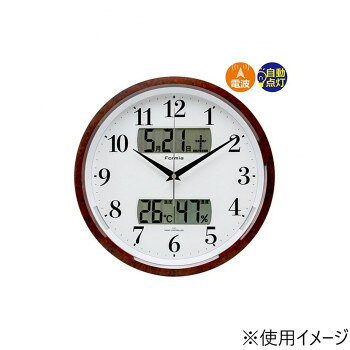 カレンダー・温湿度付き夜間自動点灯電波時計。午後10時から午前6時の間は秒針が停止し、文字盤のライトが点灯します。上部にカレンダー表示、下部に温湿度表示。2枚の液晶が付いた機能性の高い電波時計です。サイズΦ320×46.8mm個装サイズ：3...