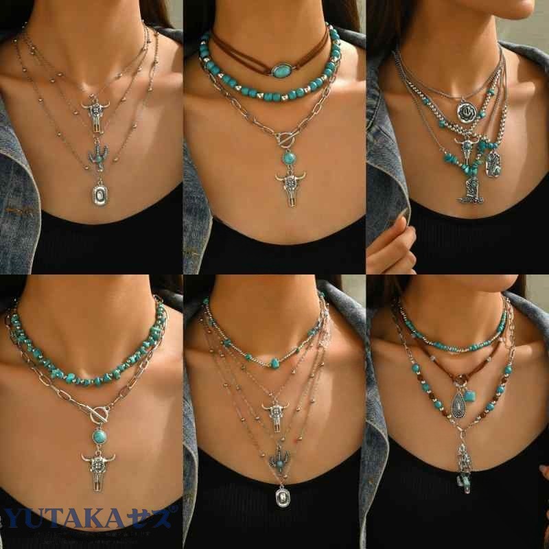 .ネックレス 女性用 ボヘミアン ウエスタン 牛仔 グリーンストーン インクルーズド セット 民族 カクタス カウヘッド かわいい 軽量 普段使い 通勤用 秋冬 ピンク系 アイボリー アクセサリー ジュエリー ファッション プレゼント ギフ...