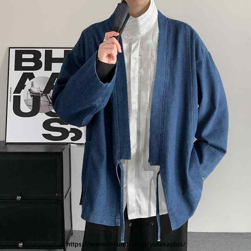 .春 の レトロ な 着物 羽織り カーディガン アウター は 長袖 の デニム ジーンズ ジャケット で メンズ と レディース に 最適 です。 ファッション 性 が 高く ジェンダーレス や カップル で の 着こなし に ぴったり。...
