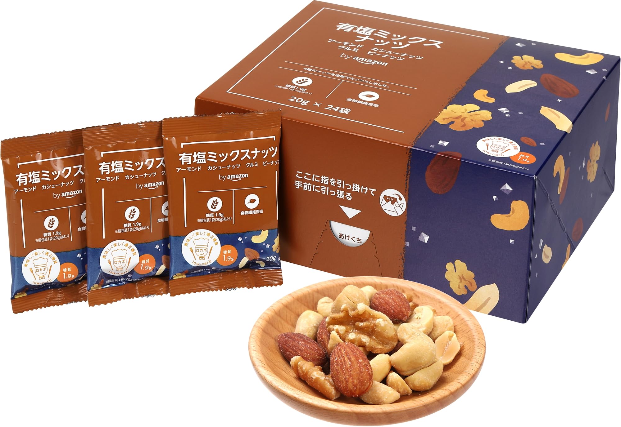 原材料:フライアーモンド(アーモンド(米国)、植物油、食塩)、クルミ、バターピーナッツ(落花生、植物油、乳等を主要原料とする食品、食塩)、フライカシューナッツ(カシューナッツ、植物油、食塩)/調味料(アミノ酸等)、(一部に落花生・乳成分・ア...
