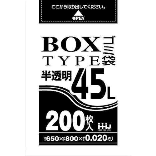 特長 ●ポリ袋です。 用途 ●買い物やごみ捨てに。 仕様 ●容量(L)：45 ●厚さ(mm)：0.020 ●色：半透明 質量・質量単位 ●1.0g 【メーカー名】ハウスホールドジャパン（株） 【メーカー品番】BH43