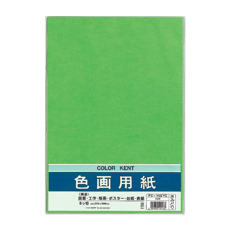 ●図面、工作、版画、ポスター、台紙、表紙などあらゆる用途に便利な色画用紙です。 ●8ツ切りサイズ。 ●内容量： 10枚 ●製品寸法： W270×H390mm（紙厚約0.18mm） 【メーカー名】（株）マルアイ 【メーカー品番】Pエ-N83YG