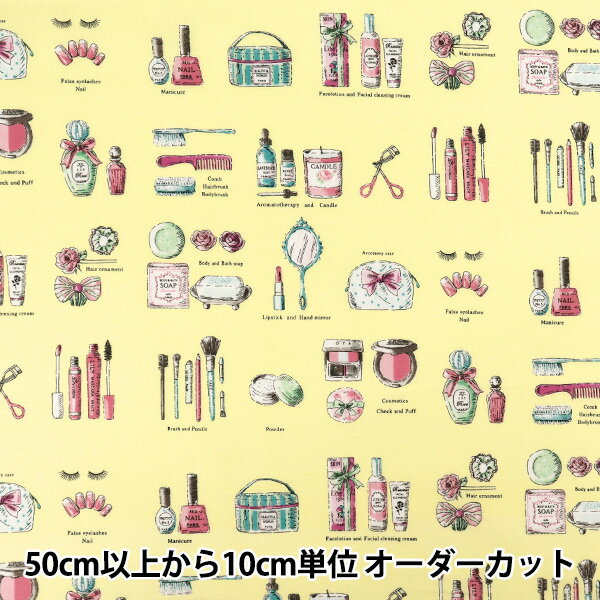 【数量5から】 生地 『シャーティング コスメ クリーム YUZ-962-3』 YUWA 有輪商店 ラフな手書き風イラスト コーム、鏡、筆などのメイクアイテムが描かれたシャーティング生地! 針通りがよく縫いやすい厚さのシャーティング生地です...
