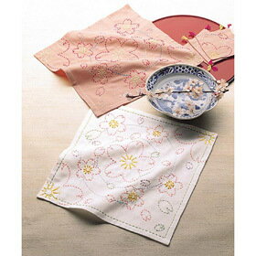 刺しゅうキット 『刺し子キット 花ふきん「水辺の桜」白・渋ピンク 154』 Olympus オリムパス 水で洗うと消える図案プリント済み! 伝統手芸を簡単本格的に楽しめるキットです。 [手芸 手作り ハンドメイド さしこ] ◆パック内容:晒...