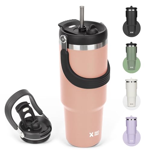 ◆商品名：SKIASE タンブラー ストロー付き 900ml 水筒 大容量 ウォーターボトル 真空断熱 保温 保冷 ステンレスボトル 広口 直飲み 蓋付き アウトドア 取っ手付き 持ち運び こぼれない ピンク【大容量水筒】：900mlの大容...