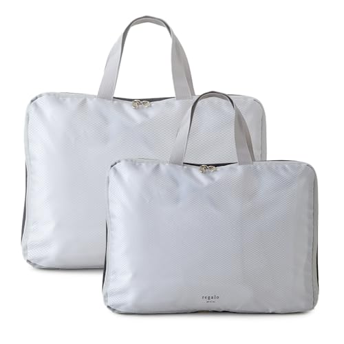 ◆商品名：【YKKダブルファスナー】regalo 圧縮ポーチ ファスナーで簡単圧縮！ トラベルポーチ 圧縮バッグ 衣類 旅行 出張 仕分け 二室 (ML同色セット・ライトグレー)【旅行や出張に大活躍】かさばりがちな衣類をファスナーを閉めるだ...