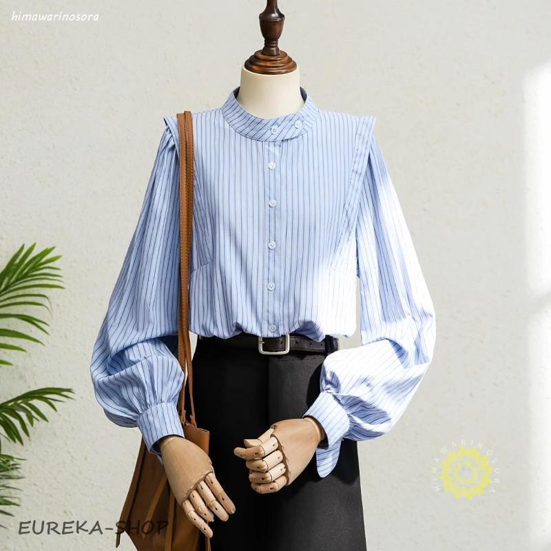シャツ トップス レディース ストライプ ノーカラー バンドカラー 長袖 大きいサイズ ブラウス ゆったり 重ね着 ブルー 秋 　
