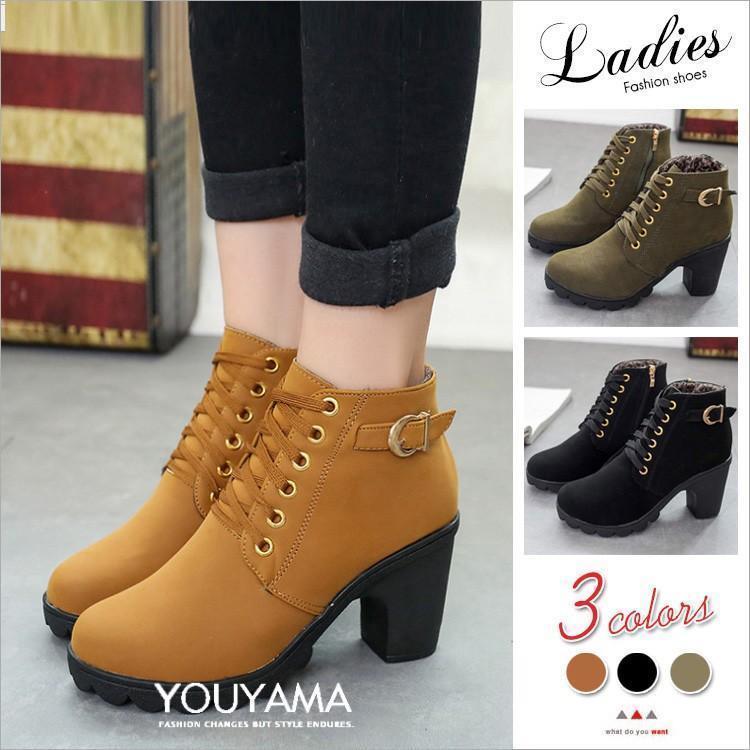 商品名 ブーツ レディース ショートブーツ ブーティ ハイヒール 太ヒール 疲れない靴 冬靴 防寒 防滑 あったか ラウンドトゥ 騎士靴 新作 実寸ヒール8cmサイズ35(日本サイズ：22.5cm)サイズ36(日本サイズ：23cm)サイズ3...