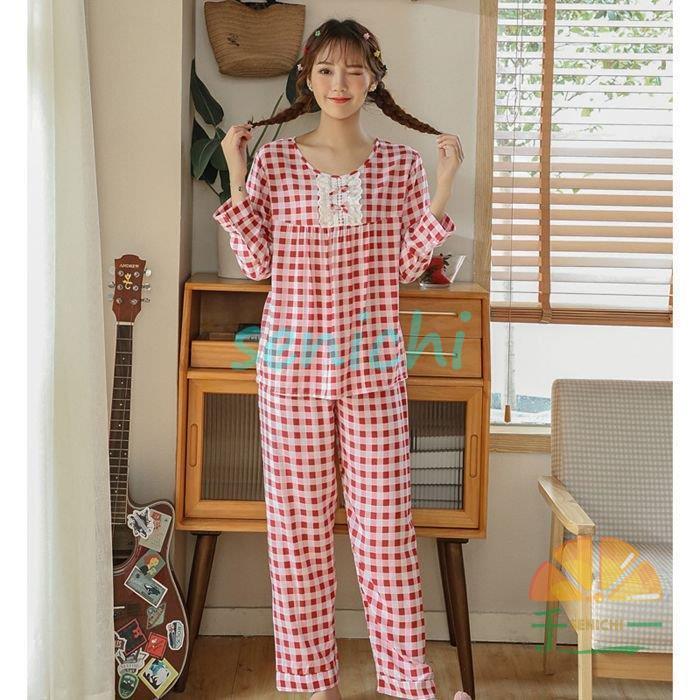 パジャマ レディース ルームウェア 上下セット 長袖 チェック柄 Tシャツ ロングパンツ 長ズボン セットアップ 可愛い 女性 寝間着 部屋着 セット 寝巻き 柔らか プレゼント カジュアル 春 夏【サイズ】2XL着丈（トップス）：約69C...