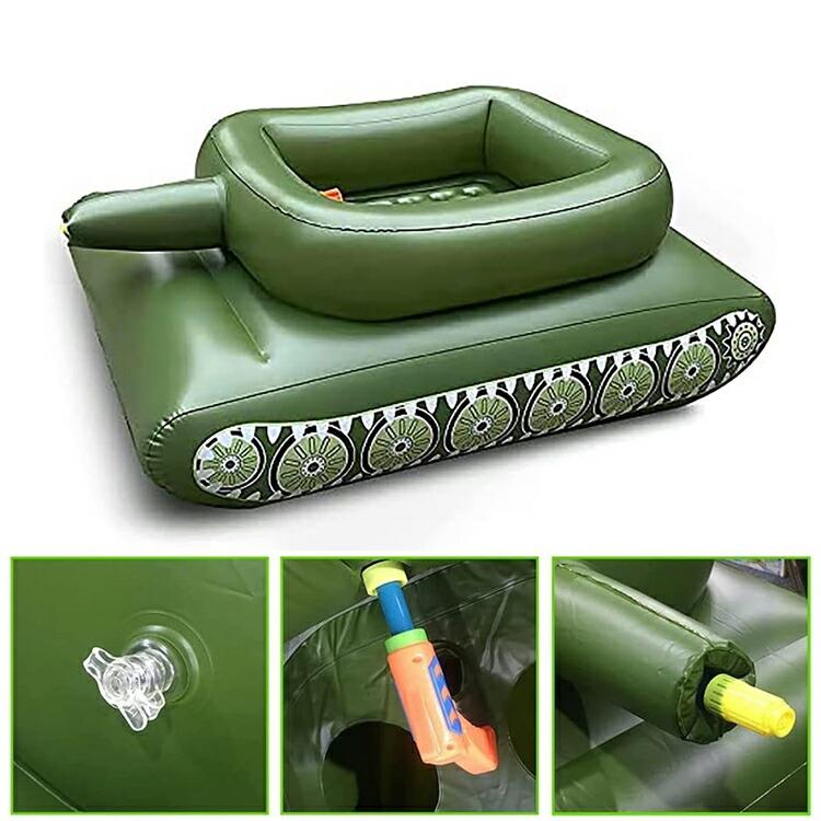 y813162【カラー】カーキ材質：PVCサイズ：112 x 155 x 61cm生産国：中国【この商品について】[特徴] ウォータージェットキャノンデザイン：タンク、装甲車両型。 実際に浮き輪に乗り込むことができ、水鉄砲がついているので、...