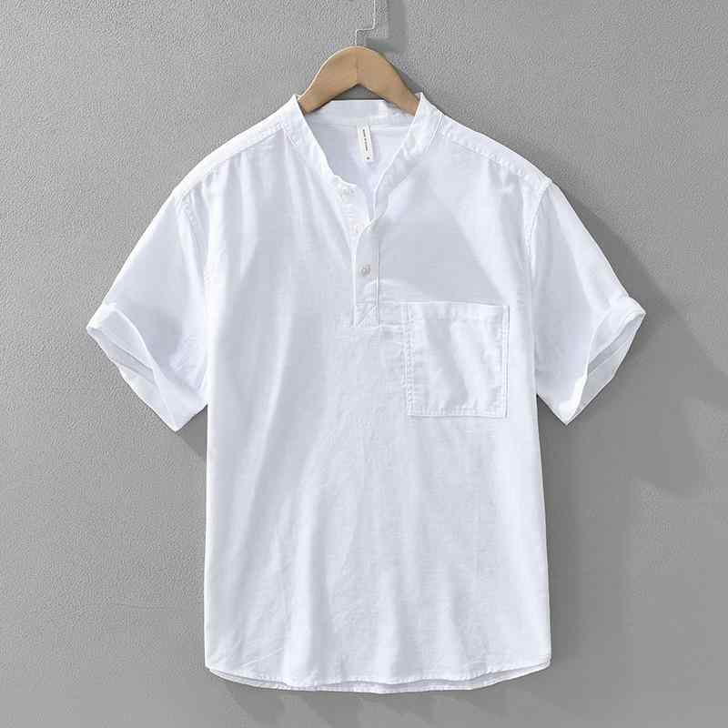 シャツ メンズ 男性用 半袖 コットン リネン混紡 プルオーバー リラックスフィット スタンドカラー トップス 無地 ホワイト ベージュ コーヒーカラー 夏・素材: 綿類混紡・素材機能: 洗濯機洗い可能・スタイル: 日系・対象: 24-35...