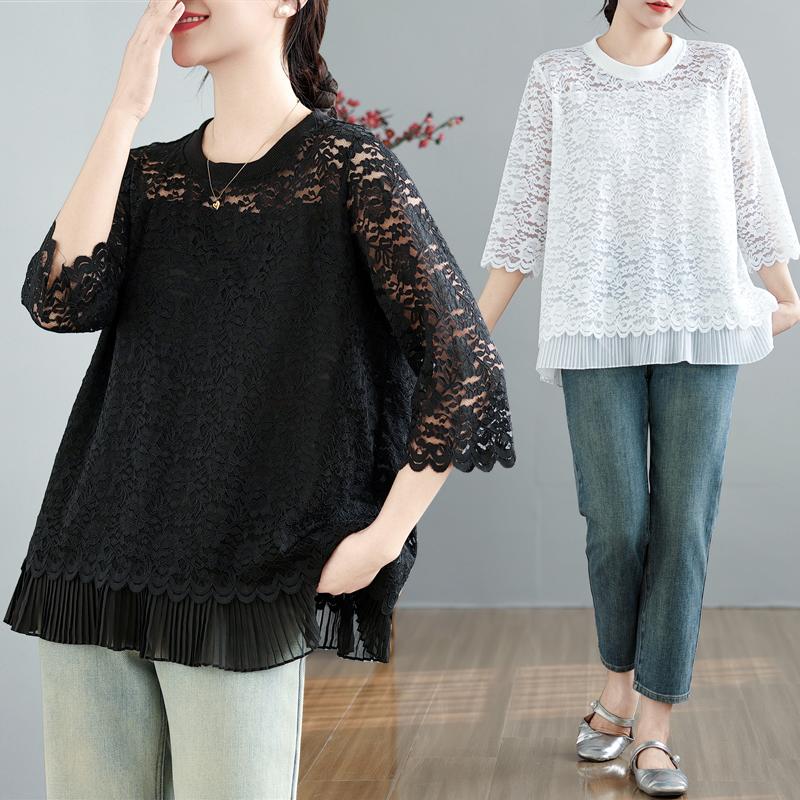 【HOT KEYWORD】 ---------------------------------------------------------- レースシャツ レース 総レース レディース トップス パッチワーク スケスケ レイヤード 重ね...