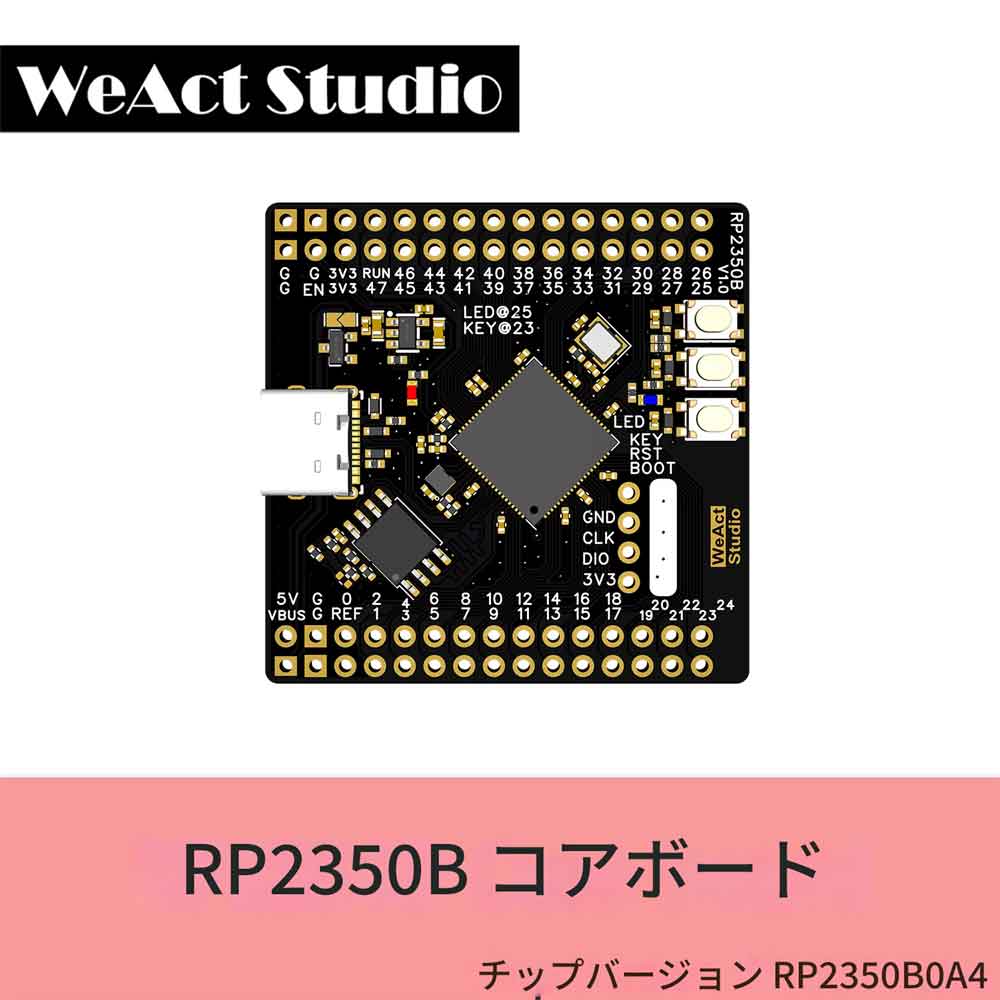 寸法と付属品 寸法：41.1mm x 41.4mm 付属品： * RP2350B コアボード x 1 * 15ピン×2列 2.54mmピッチピン x 2 * 4ピン×1列 2.54mmピッチピン x 1 データリンクは、画像8の2次元バーコ...