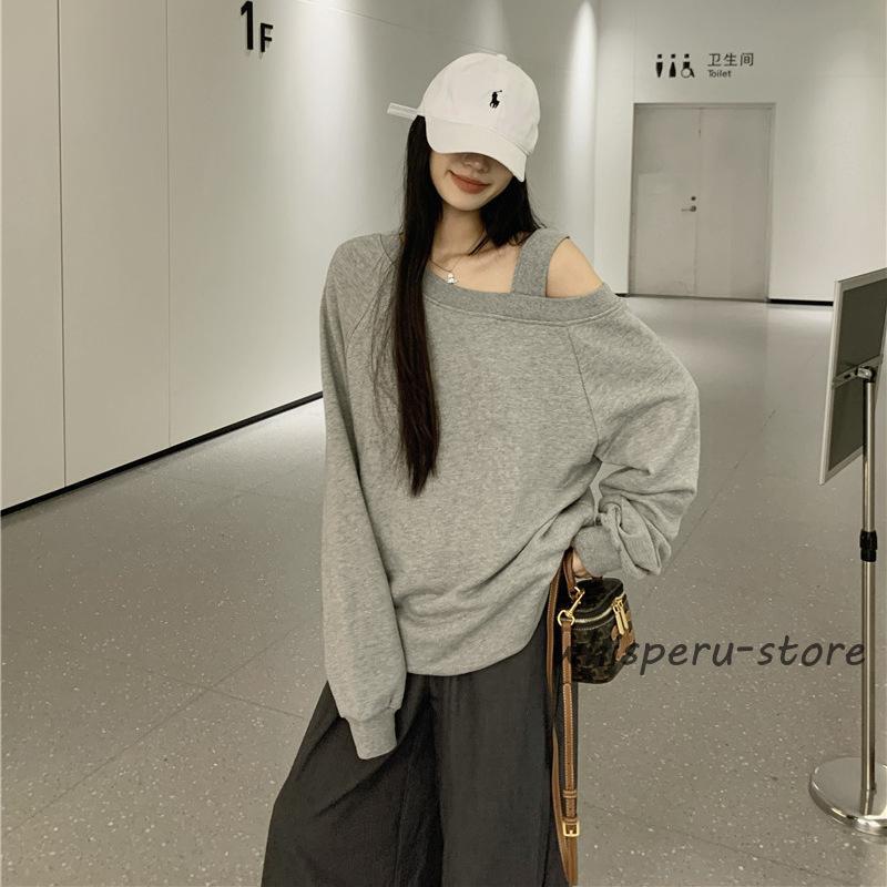 Tシャツ レディース 肩出し クルーネック カットソー トップス 長袖 プルオーバー 無地シンプル カジュアル 大人可愛い おしゃれ ファッション 春 秋 新作 体型カバー ゆったり 着やせ【カラー】ブラック、グレー【素　材】ポリエステル、...