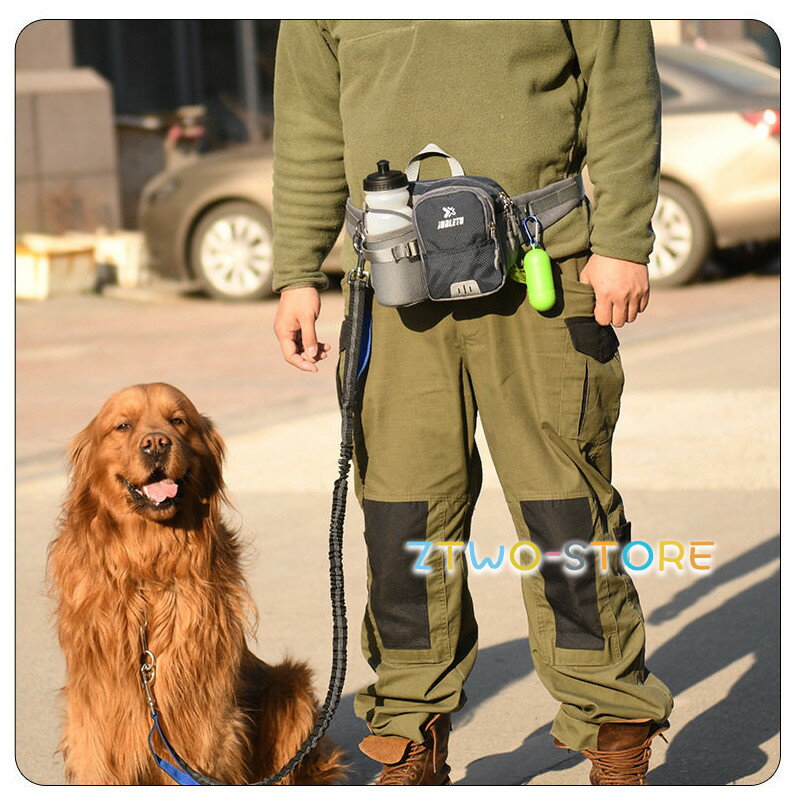 ●犬用ショックレスリードおまけ！お散歩に便利！●両側の金属Dカンは、おまけの犬用リードをつけることで両手フリー！いくつかのアイテムを掛けることもできます。●ペットボトルなども収納できる多機能ランニングポーチです。●腰の部分は軽いメッシュとク...
